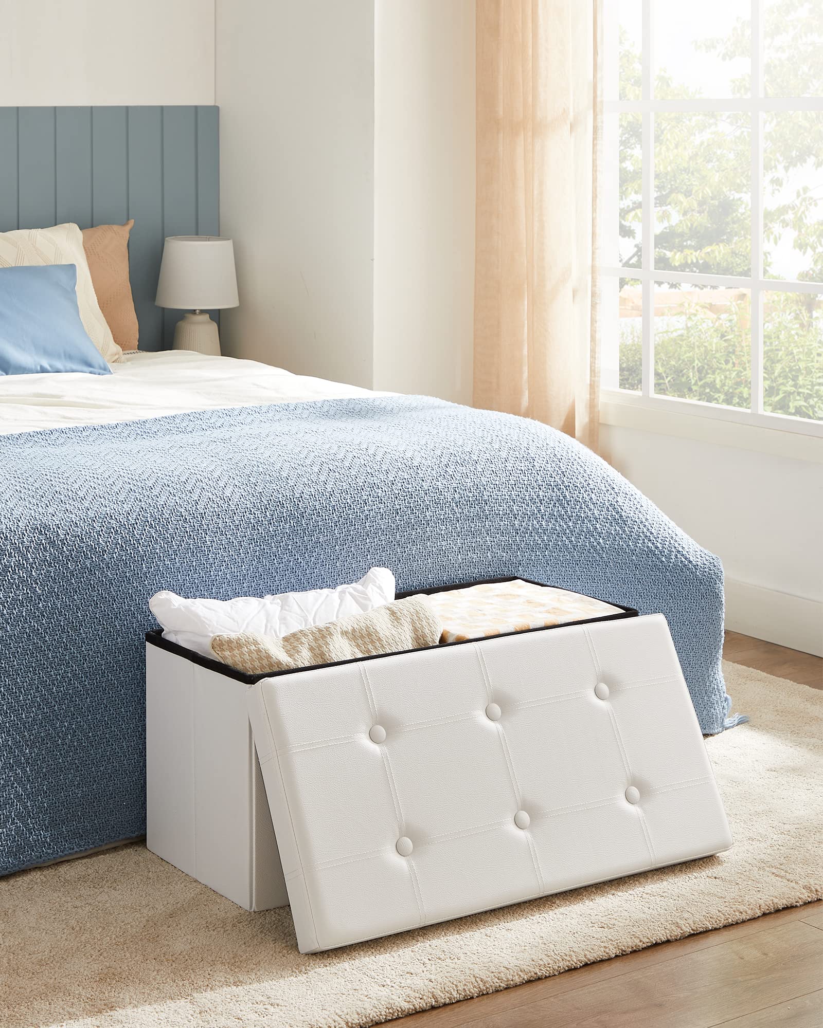 SONGMICS 30 Inches Folding Storage Ottoman Bench, Storage Chest, Footrest, Coffee Table, Padded Seat, Faux Leather, Holds up to 660 lb, White ULSF106