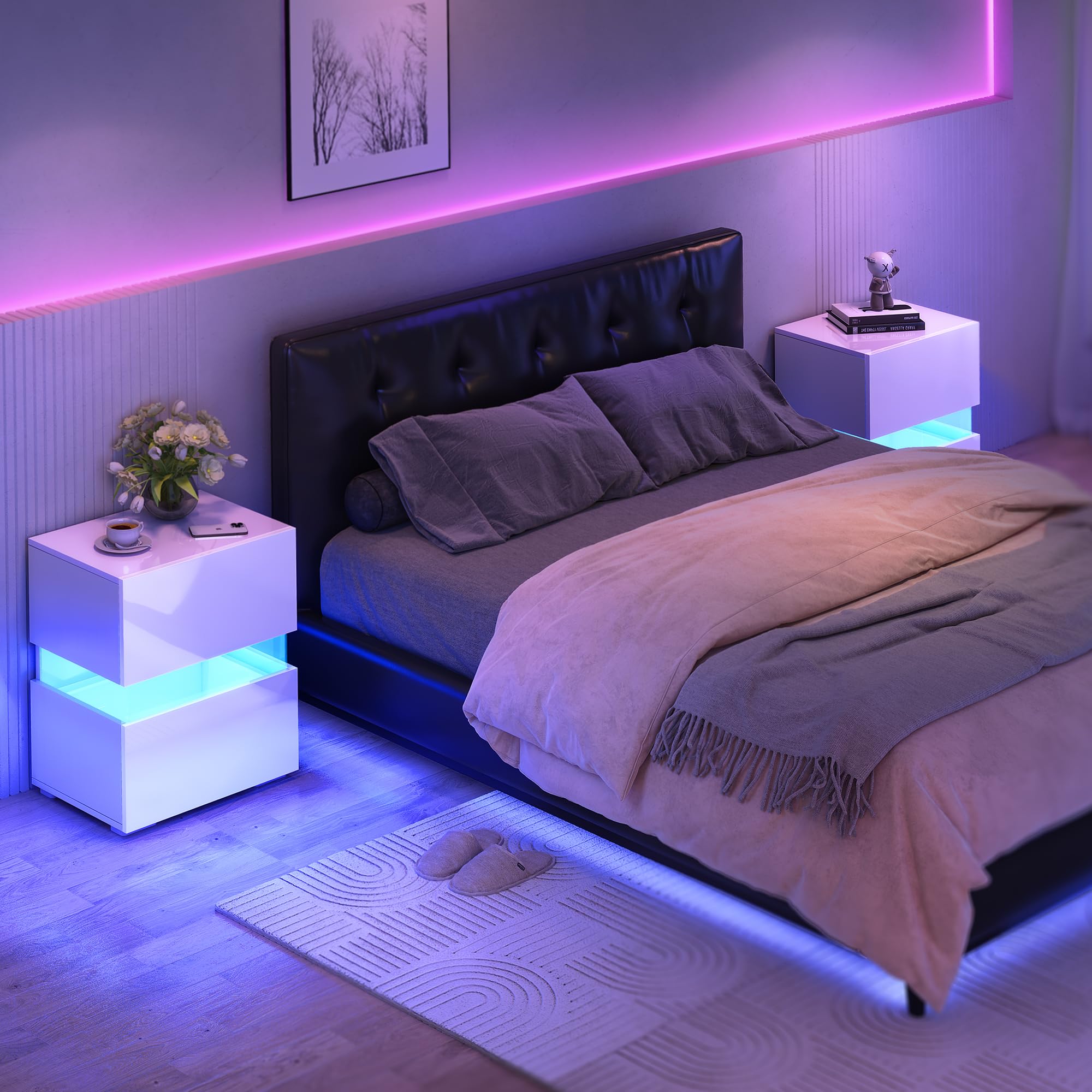 SUPERJARE LED Nightstands Set of 2, Bedside Tables with LED Lights, Night Stands with High Gloss Drawers, Remote, End Tables Side Tables, for Bedroom - White