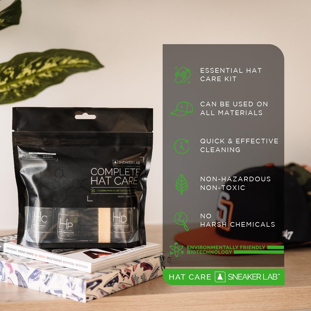 SNEAKER LAB Complete Hat Care Kit - Cleaner + Deodorizer + Protector + Premium Brush - Perfect for Most Materials - 1.7 Fl Oz Bottles