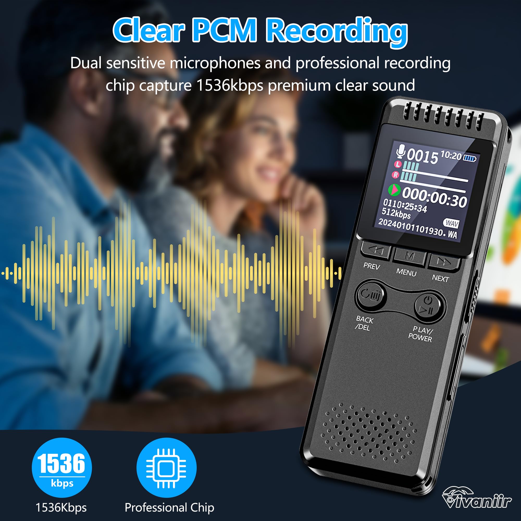 Vivaniir 64GB Digital Voice Recorder, 80 Hours Long-Lasting Battery 1100mAh, Voice Activated Recorder with Playback and Metal Casing, USB-C Audio Recorder for Lecture Meeting Interviews