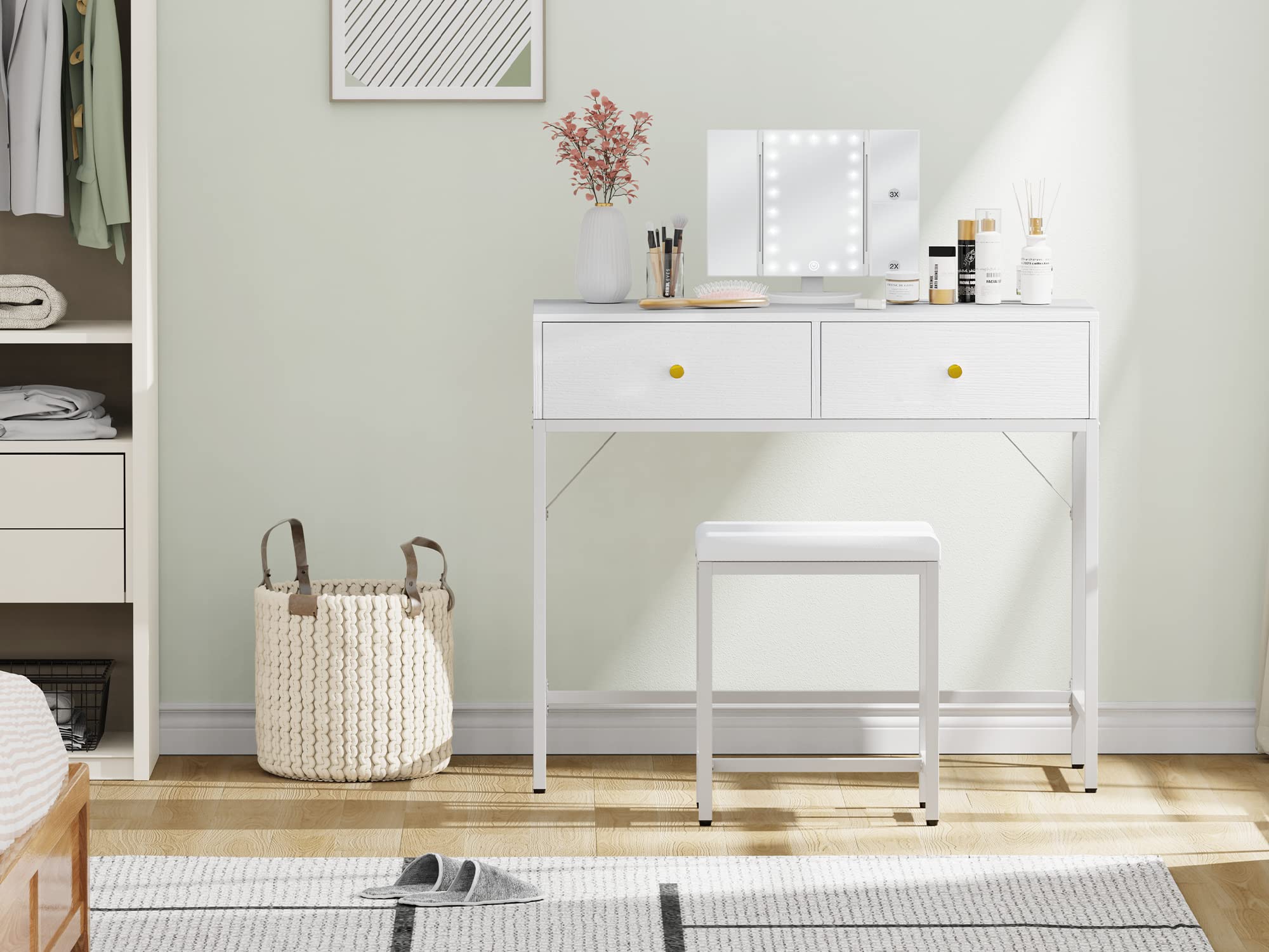 SUPERJARE Vanity Desk, Makeup Vanity with Lighted Mirror, White Desk with Drawers, 35.4 Inches Makeup Vanity Desk with Lights, for Bedroom, White
