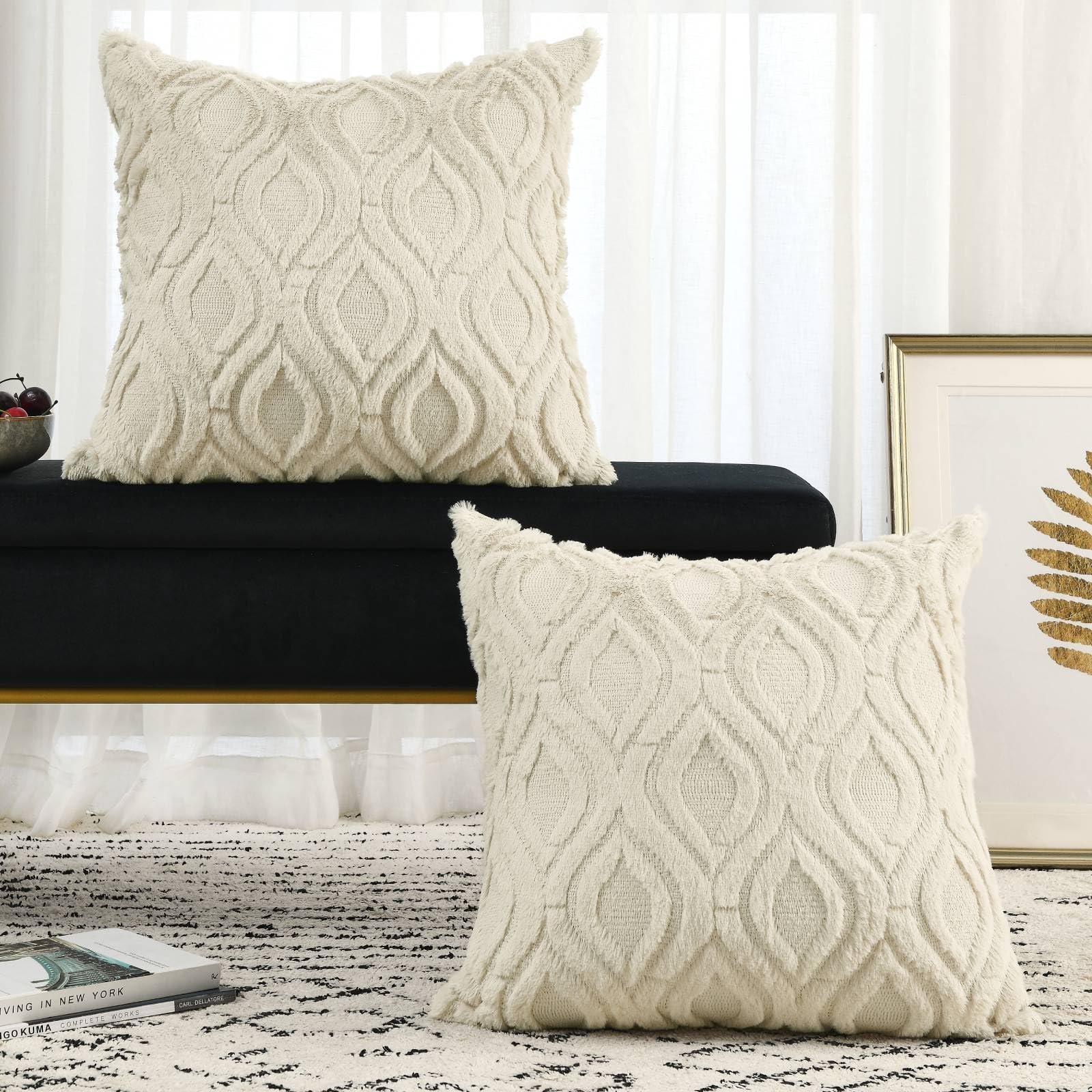 Volcanics Decorative Throw Pillow Covers 20x20 Inch, Faux Wool Plush Couch Cushion Cases Soft Fluffy Boho Pillowcases, Set of 2, Beige