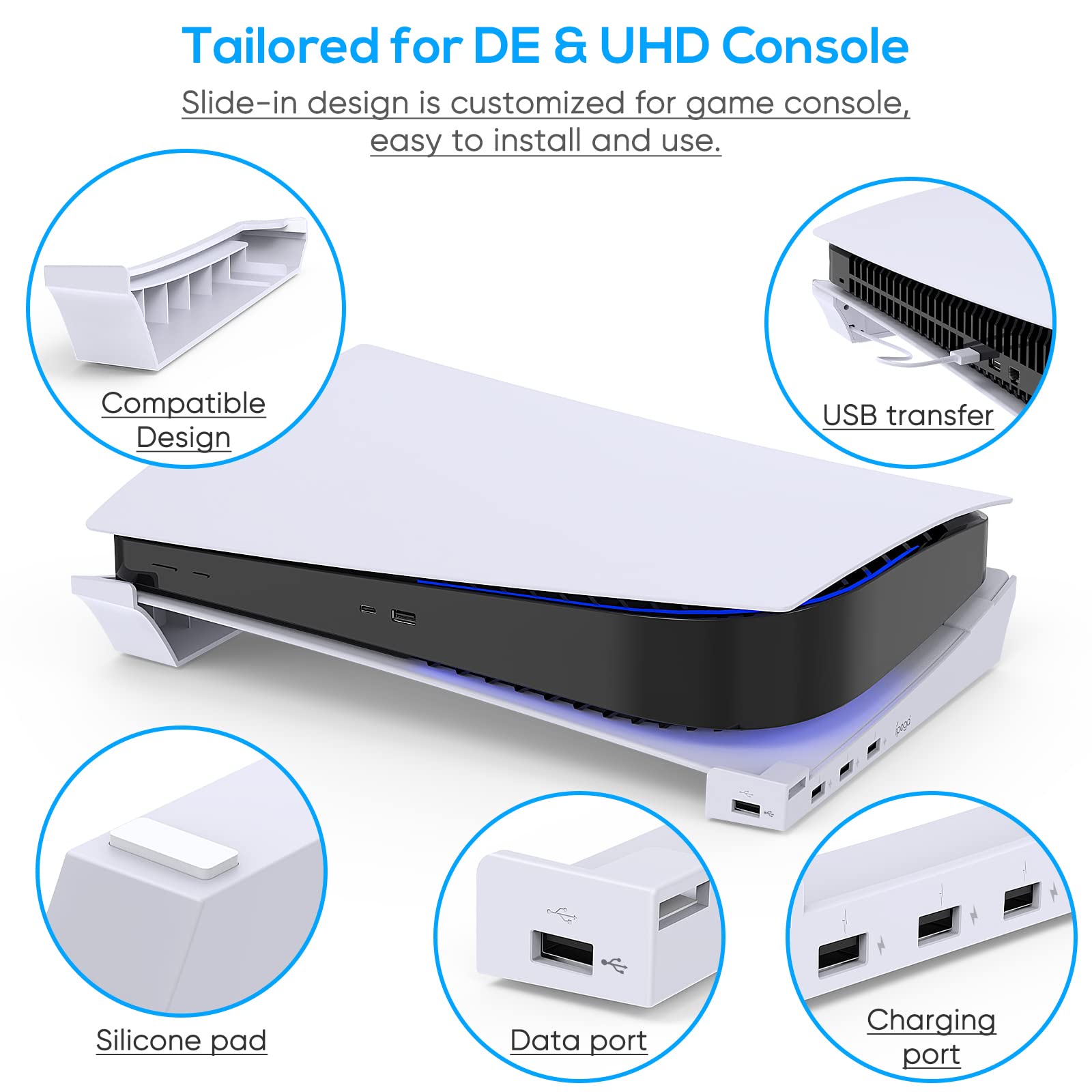 YUANHOT Horizontal Stand Accessories for PS5, Side Stand Base with USB Ports for Sync & Charge Compatible with PS5 Disc Version & Digital Editions, White