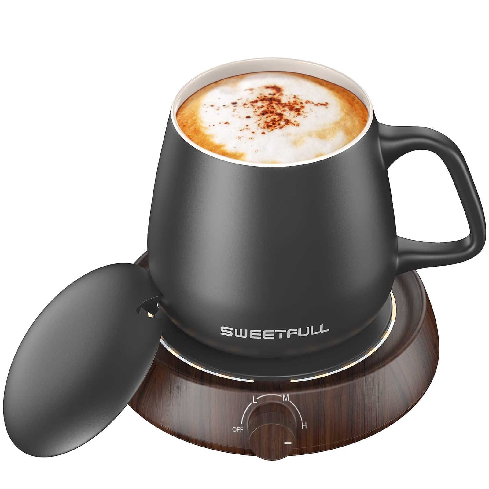 SWEETFULL Mug Warmer for Coffee and Tea Coffee Mug Warmer W/Mug and Lid Coffee Warmer As Coffee Gifts for Desk Office Coffee Lovers. (20W Cup Warmer Candle Warmer Auto Shut Off) (Wood Grain)