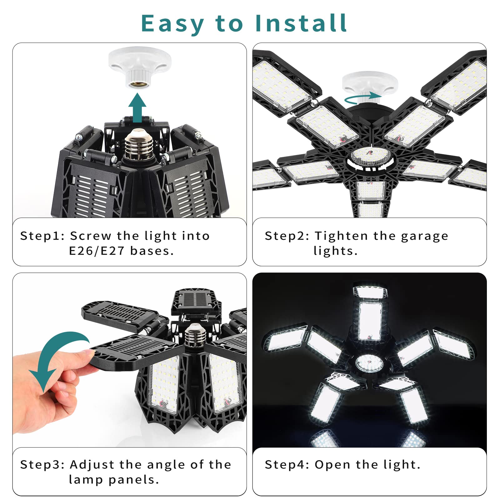 SUPERNIGHT 180W LED Garage Light, Deformable LED Garage Ceiling Lights with 10+1 Multi-Position Panels - 18000LM 6000K E26/E27 LED Shop Lights for Garage, Basement, Barn, High Bay Light