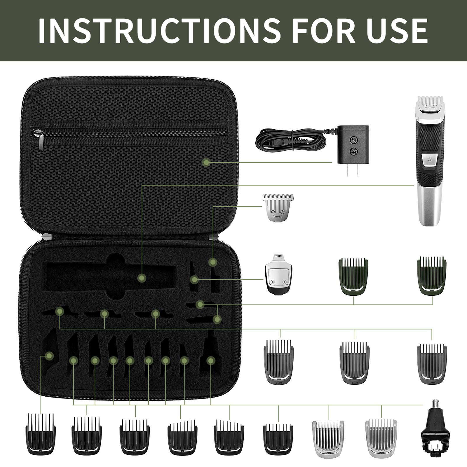 Yinke Case for Philips Norelco Multigroom Series 5000/ Series 7000, MG5750/49/ MG7750/49 Beard Trimmer & attachments, Travel Storage Bag Hard Case Organizer