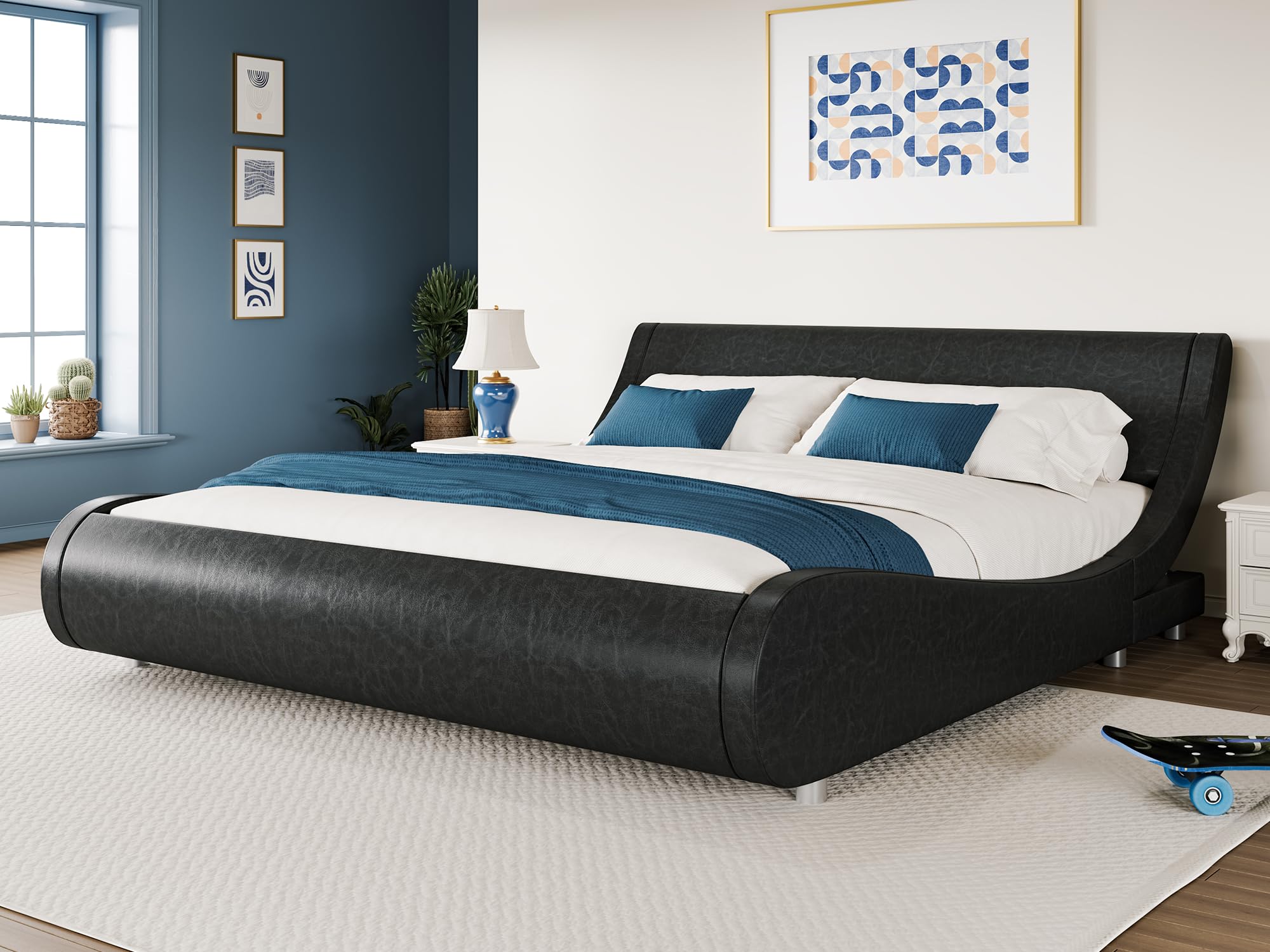 WEEWAY Modern King Size Upholstered Platform Bed Frame, Faux Leather Sleigh Bed with Adjustable Headboard, Strong Wood Slats Support, No Box Spring Needed, Black