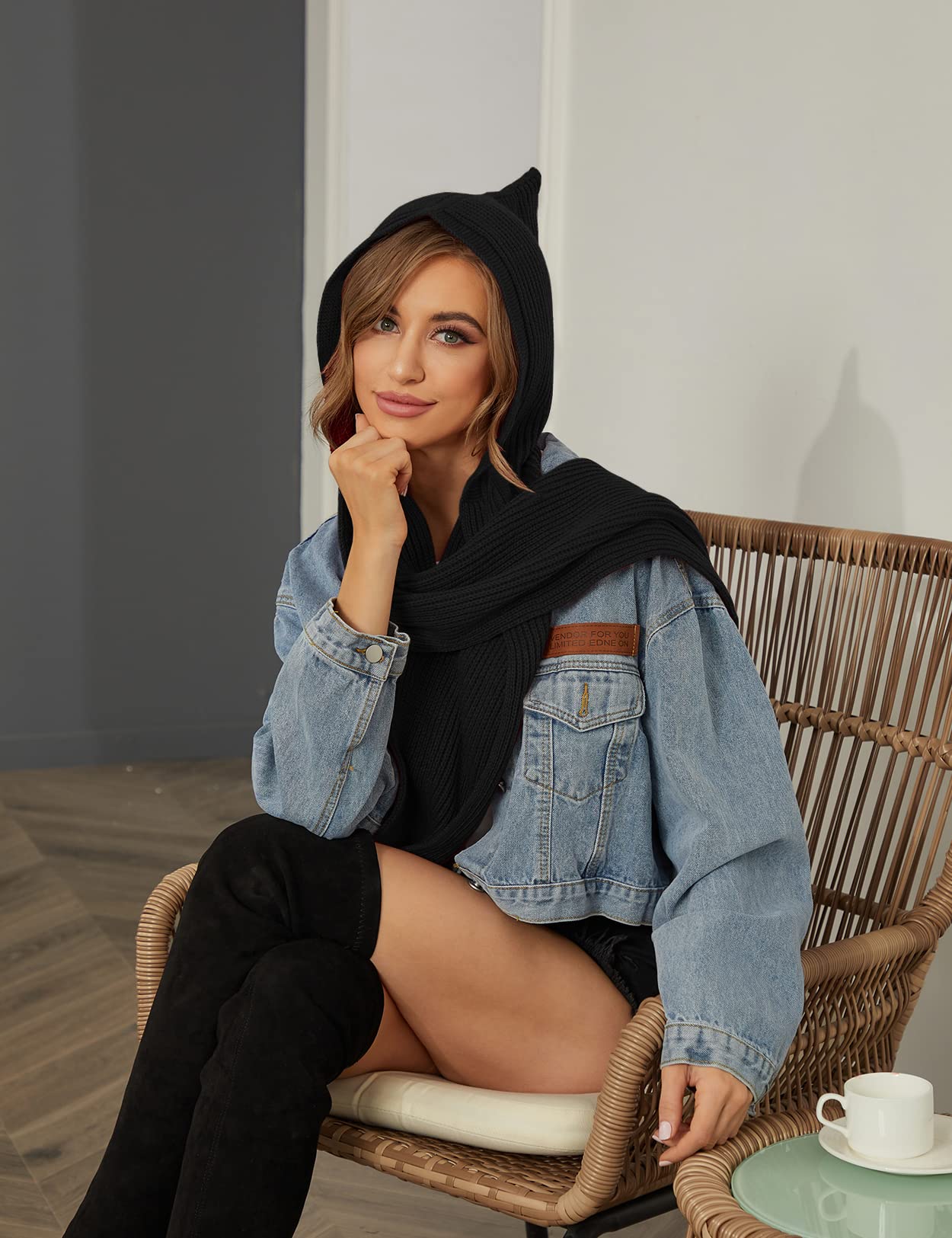 Women Winter Knitted Hooded Long Scarf Warm Shawl Head Scarves Black One Size