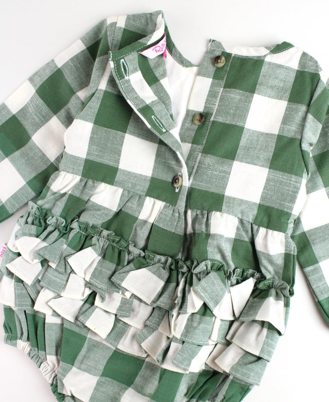 RuffleButts Dark Ivy Plaid Long Sleeve Smocked Bubble Romper - 12-18m