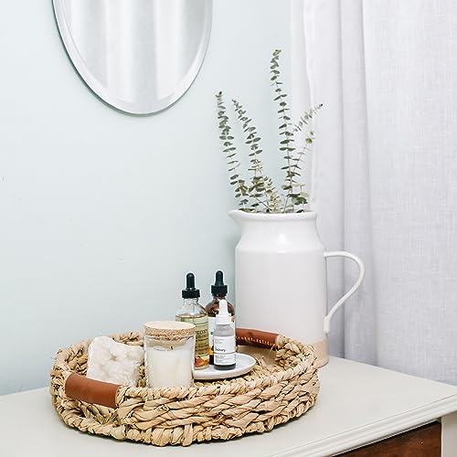 Summit Living Handwoven Round Rattan Tray with Leather Handles β Use as Home Decor or Vegetable and Fruit Organizer Tray β Water Hyacinth Circular Wicker Tray (14" x 14")