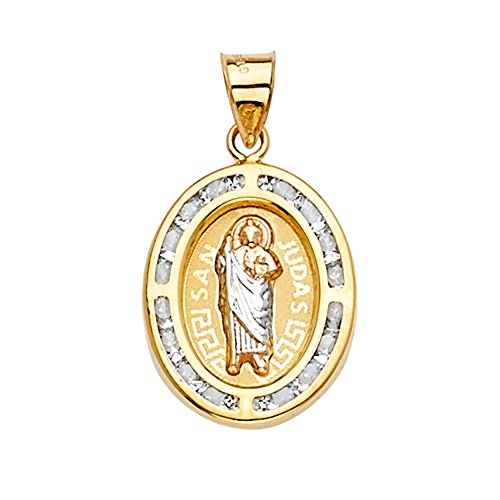 The World Jewelry Center 14k REAL Tri Color Gold CZ San Judas Medal Charm Pendant (Size : 24 x 14 mm)