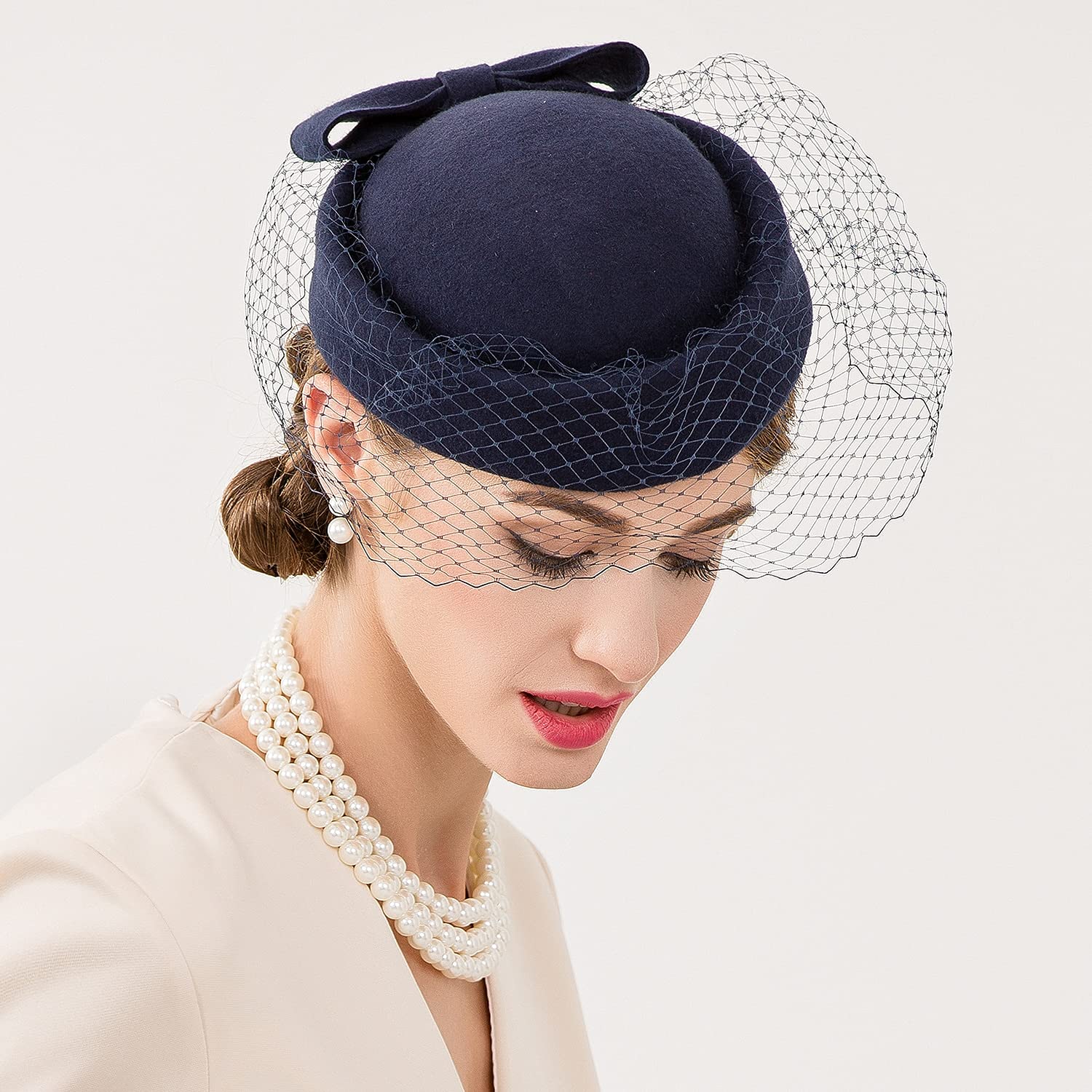 TS British Vintage Wool Felt Pillbox Hat with Veil Flower Fedoras Headpiece for Tea Party Wedding Church