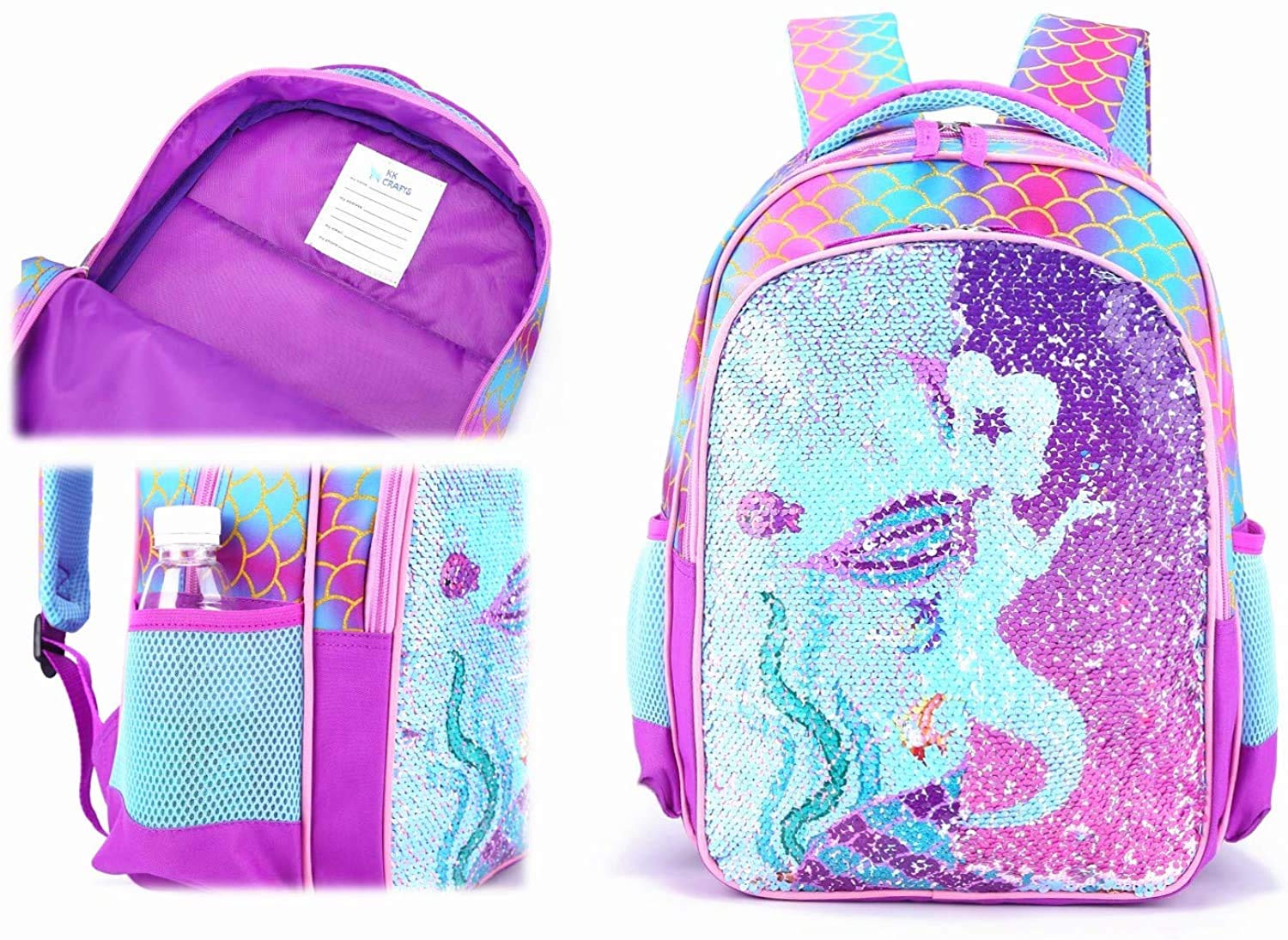 Usnyabni THE Crafts Reversible Sequin School Backpack Lightweight Little Kid Book Bag for Preschool Kindergarten Elementary (17", Mermaid