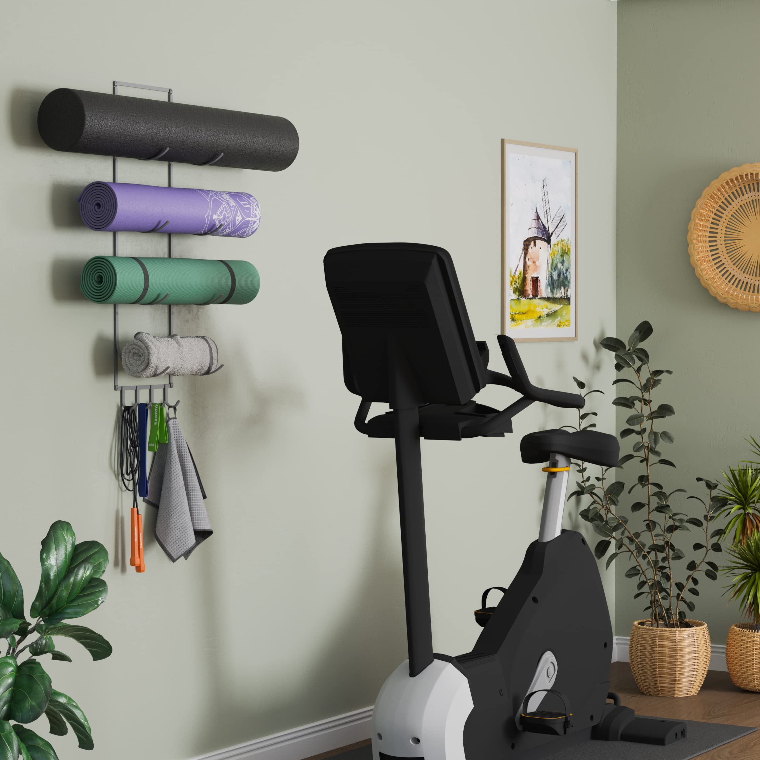 You Have Space Tulum Yoga Mat Holder, Wall Storage Rack for Foam Roller Set, Yoga Mats, Towel Rack with 4 S Hooks, 4 Sectional, Metal, Black, Gray