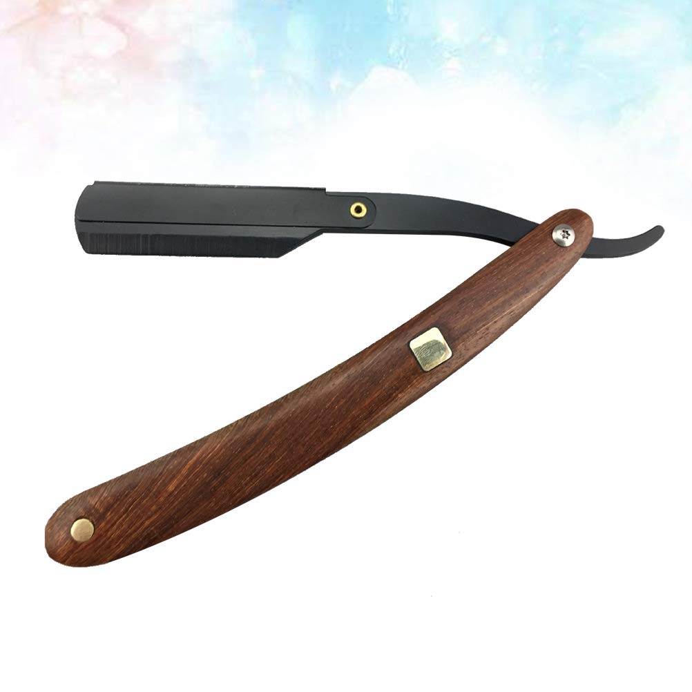 Uonlytech Wooden Handle Chic Straight Barber Edge Steel Razors Shaving Knife Folding Men Vintage Straight Edge Metal Hair Shaper Barber Razor without Blade