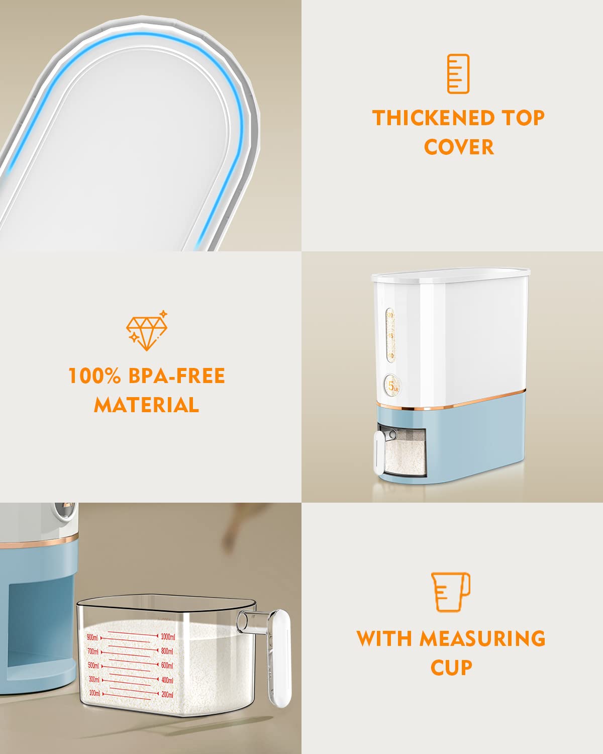 VenDotbi 26.5Lbs Rice Dispenser, Rice Container with Measuring Cup, Large Capacity Food Storage Container with Lid, Food Dispenser Kitchen Organization for Home Kitchen Pantry Rice Soybean Corn-Blue