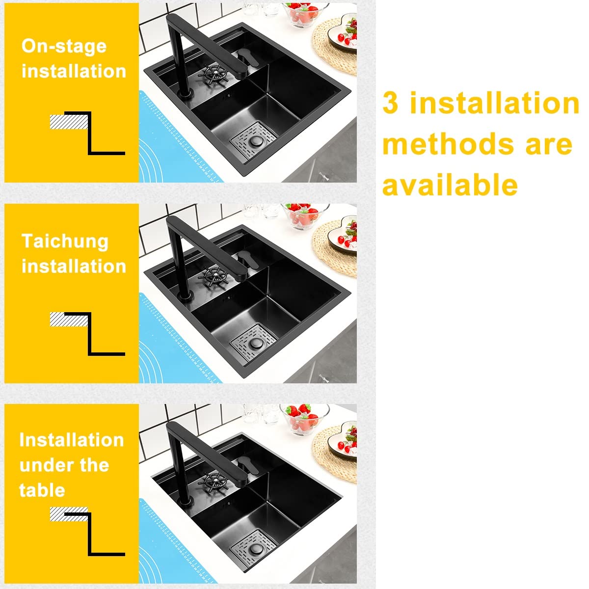 Single Bowl Kitchen Sinks With Cup Washer ,Single Bowl Stainless Steel Workstation Bar Sink with Glass Rinser, for home Hotel Cafe Restaurant,black