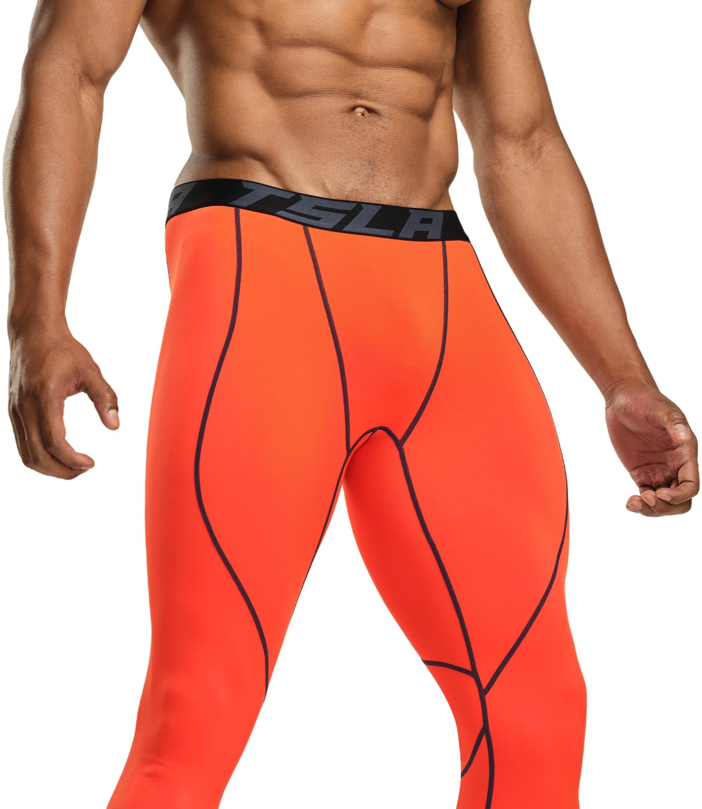 TSLA Men's Thermal Compression Pants, Athletic Sports Leggings & Running Tights, Wintergear Base Layer Bottoms, Heatlock Pure Orange, Large
