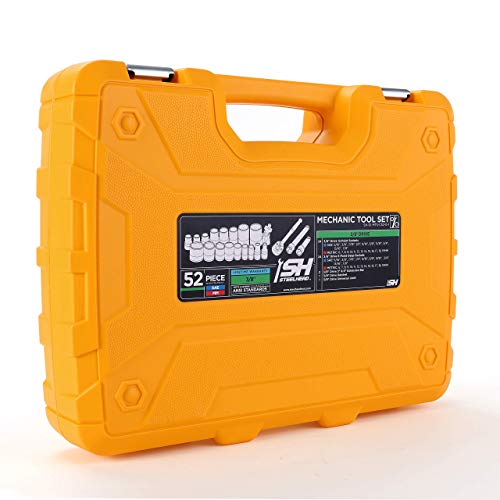 STEELHEAD 52-Piece Mechanics Tool & Socket Set (ANSI Grade), SAE Metric, 3/8” 72-Tooth Quick-Release Ratchet, Standard Deep 6 12 Pt. Sockets, Heavy-Duty Case, SH-01-MTS-C52-0-1
