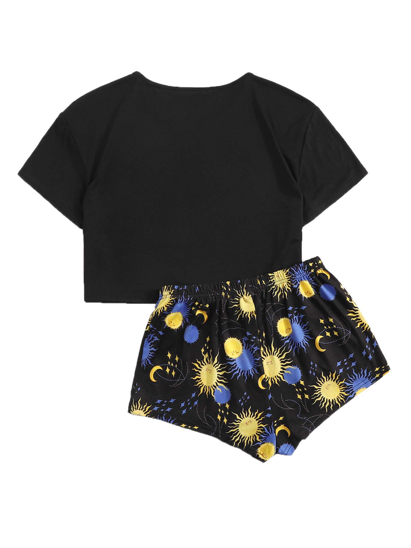 SweatyRocks Women's Cute Graphic Print Short Sleeve Crop Top with Shorts Pajama Set Black L