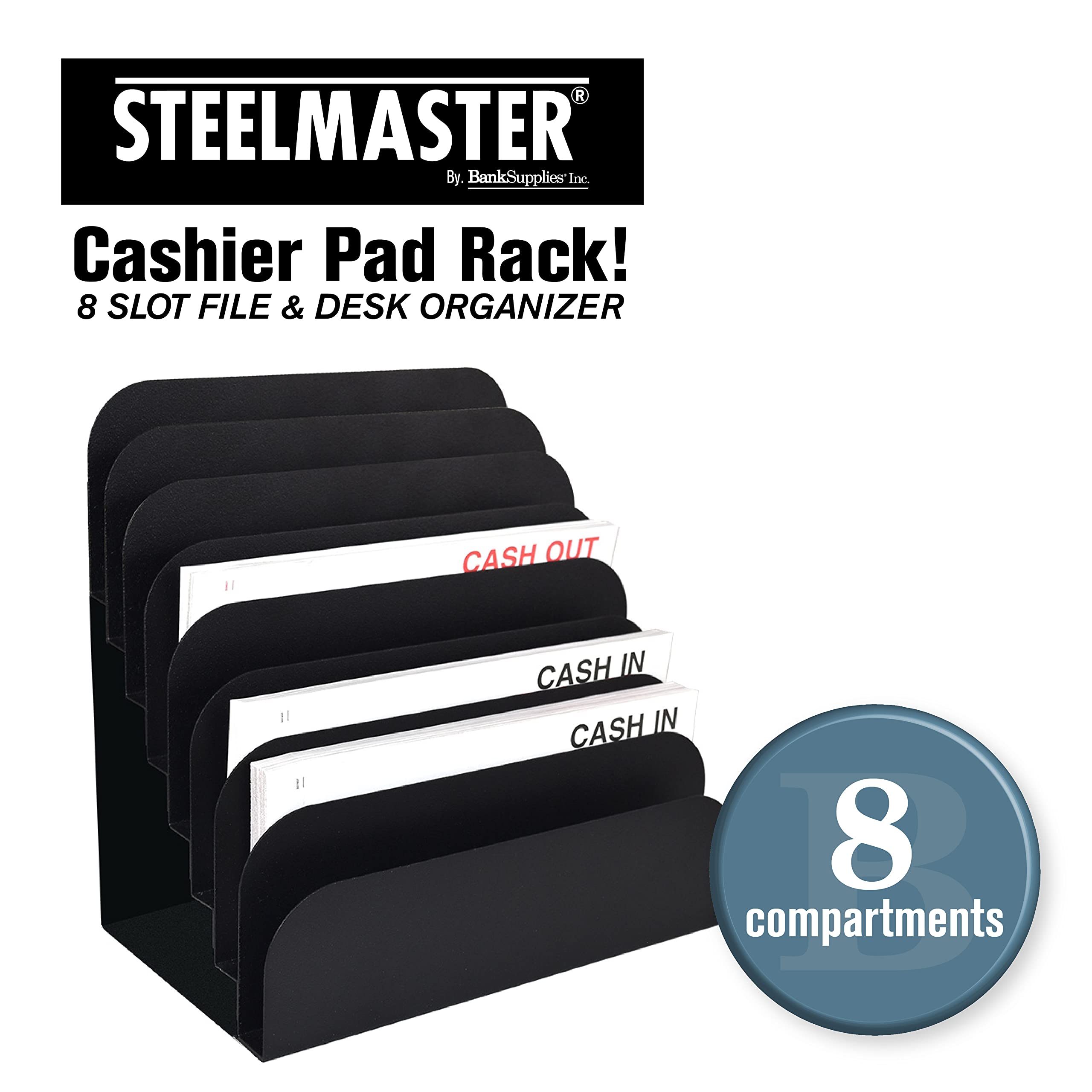STEELMASTER by BankSupplies Steel Cashier Pad Rack | 8 Slot File & Desk Organizer | Paper Organizer | Black Powder Coat Finish | Scratch & Chip-Resistant | Forms, Applications, Deposit Slips & Checks