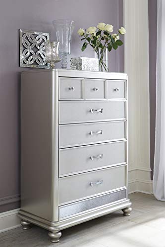 Signature Design by Ashley Coralayne Glam 5 Drawer Chest with Faux Shagreen Drawer Fronts, Silver