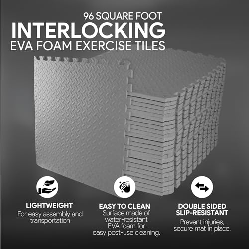 Signature Fitness Puzzle Exercise Mat with EVA Foam Interlocking Tiles for MMA, Exercise, Gymnastics and Home Gym Protective Flooring, 3/4" Thick, 96 Square Feet, Gray