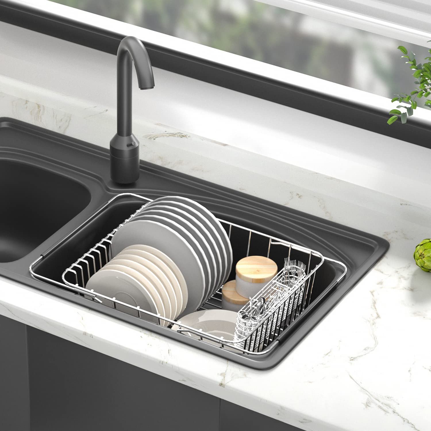 Sink Dish Drying Rack, 304 Stainless Steel Rustproof Expandable Dish Drainer Organizer with Stainless Steel Silverware Holder Over Inside Sink-Adjustable 14.96" to 20.59" (Maximium 13 Upright Dishes )
