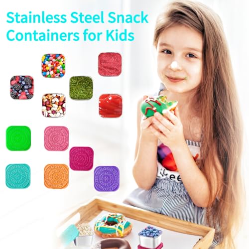 SEUOX 6Pack 6oz Stainless Steel Snack Containers for Kids, Easy Open Leak Proof Metal Toddler Snack Containers with Silicone Lids, Stackable Metal Toddler Lunch Box for Daycare, School and Travel