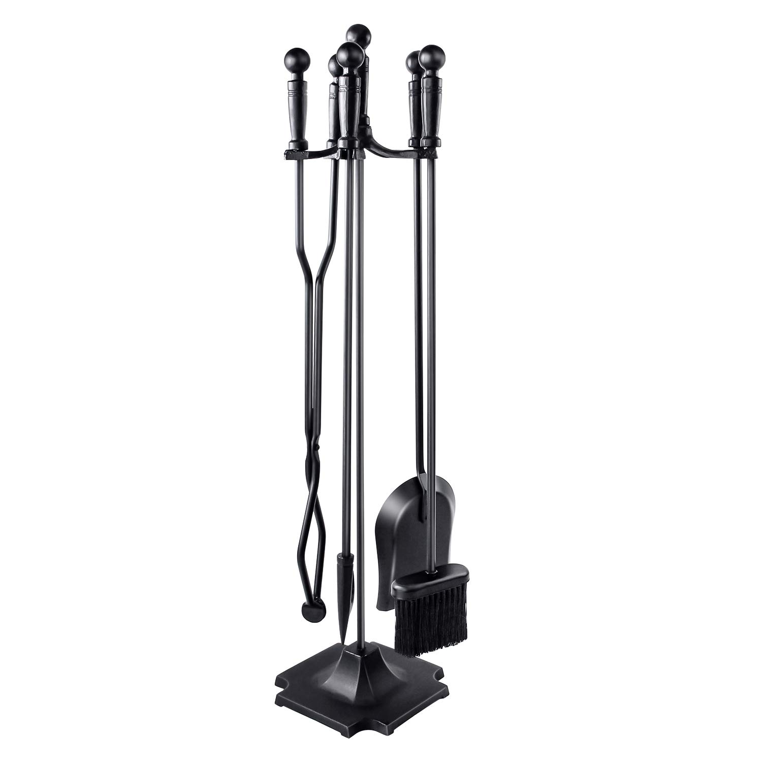 WBHome Fireplace Tools Set 5 Pieces Wrought Iron Fireset Fire Pit Poker Wood Stove Log Tongs Holder Fireplace Tool Set With Pedestal Place, 32 Inch (Black All)