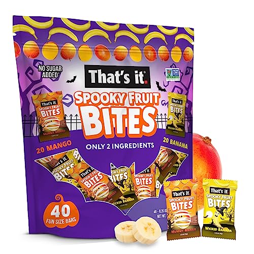 That’s it. Spooky Fruit Bites Halloween Fun Size Fruit Bars Variety Pack (Mango, Banana), Non-GMO, Allergen Friendly, Kosher, Gluten Free Snacks No Added Sugar (40 PCS, 10g Each)