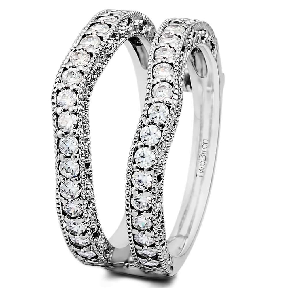 TwoBirch Sterling Silver Contour Ring Guard with Millgrained Edges and Filigree Cut Out Design With CZ or MOISSANITE (0.48 ct.) (Cubic Zirconia, 7)