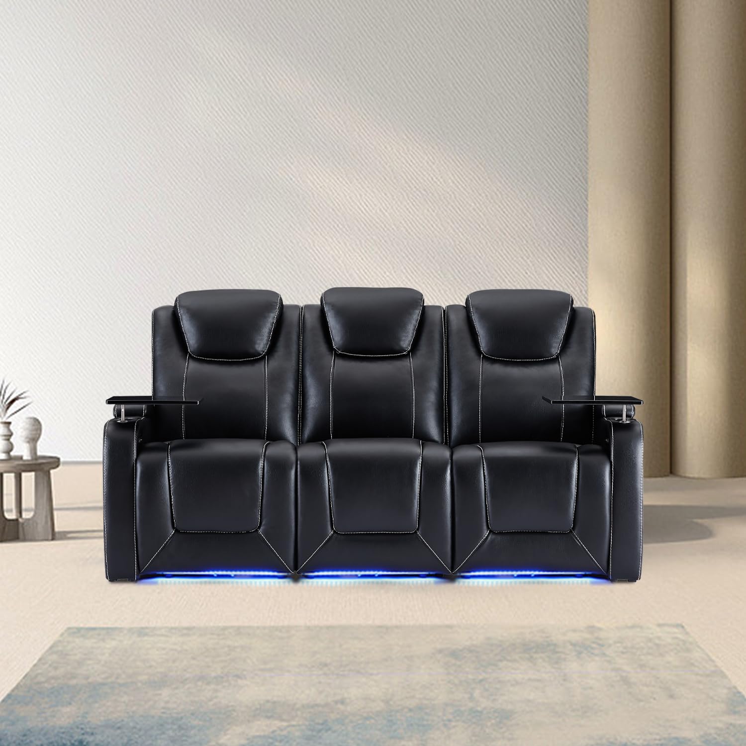 Weilianda Home Theater Seating Leather Moive Sofa Recliner Chair Type-C USB Charge and Wireless Charging Arm Storage with Tray Table - Black