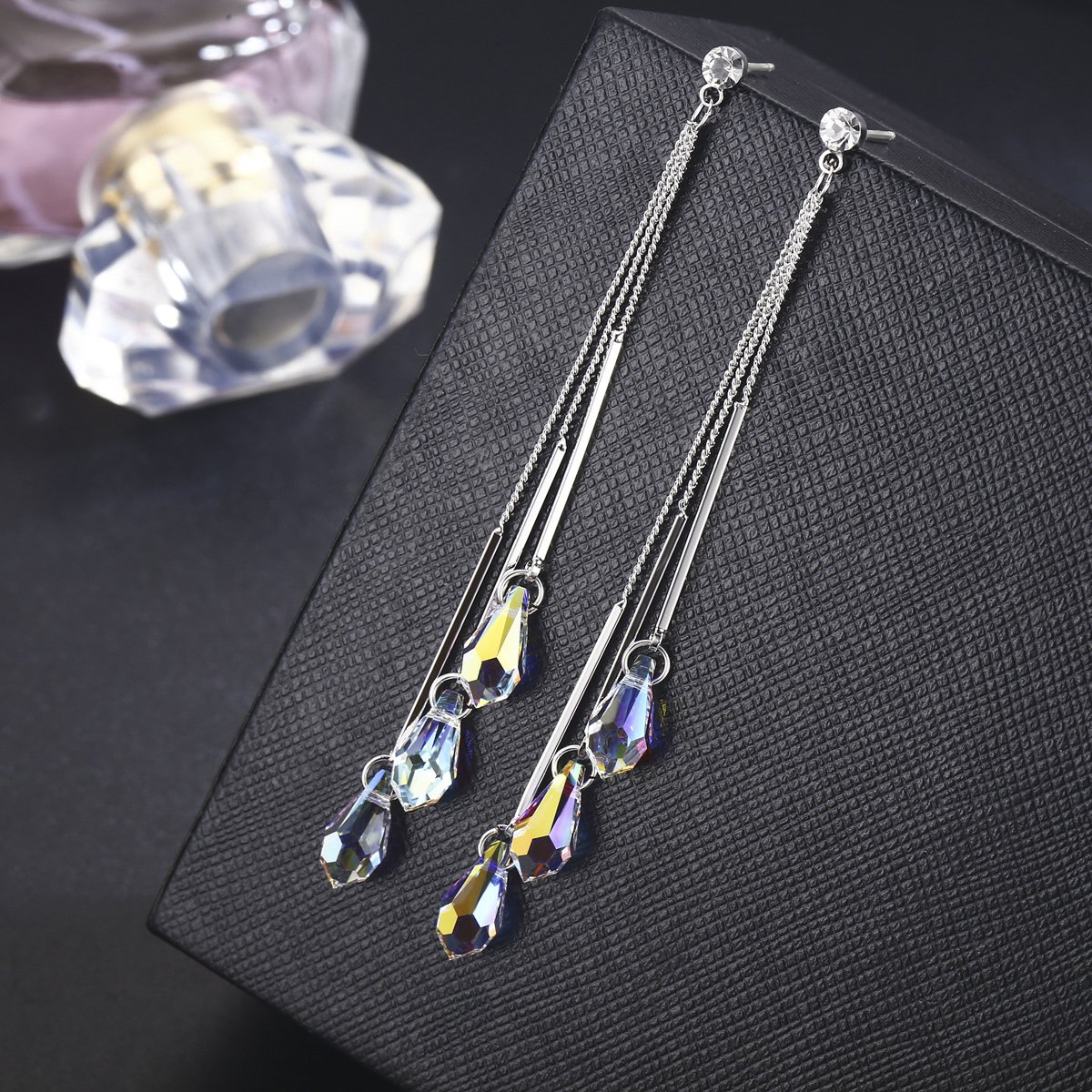 SBLING Platinum-Plated Color Change Multi-Teardrop Earrings Made with Aurora Borealis Austrian Crystals (5.3 cttw)