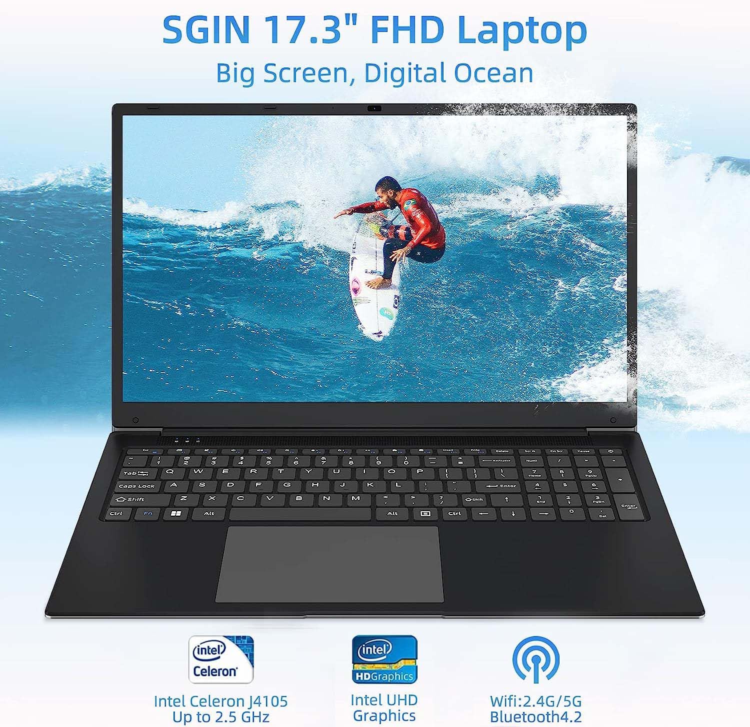 SGIN 17 Inch Laptop, Laptops with 4GB RAM 128GB SSD, IPS Display, Intel Celeron Quad-Core Processor(Up to 2.5GHz), Mini HDMI, Webcam, Wi-Fi, 512GB Expansion