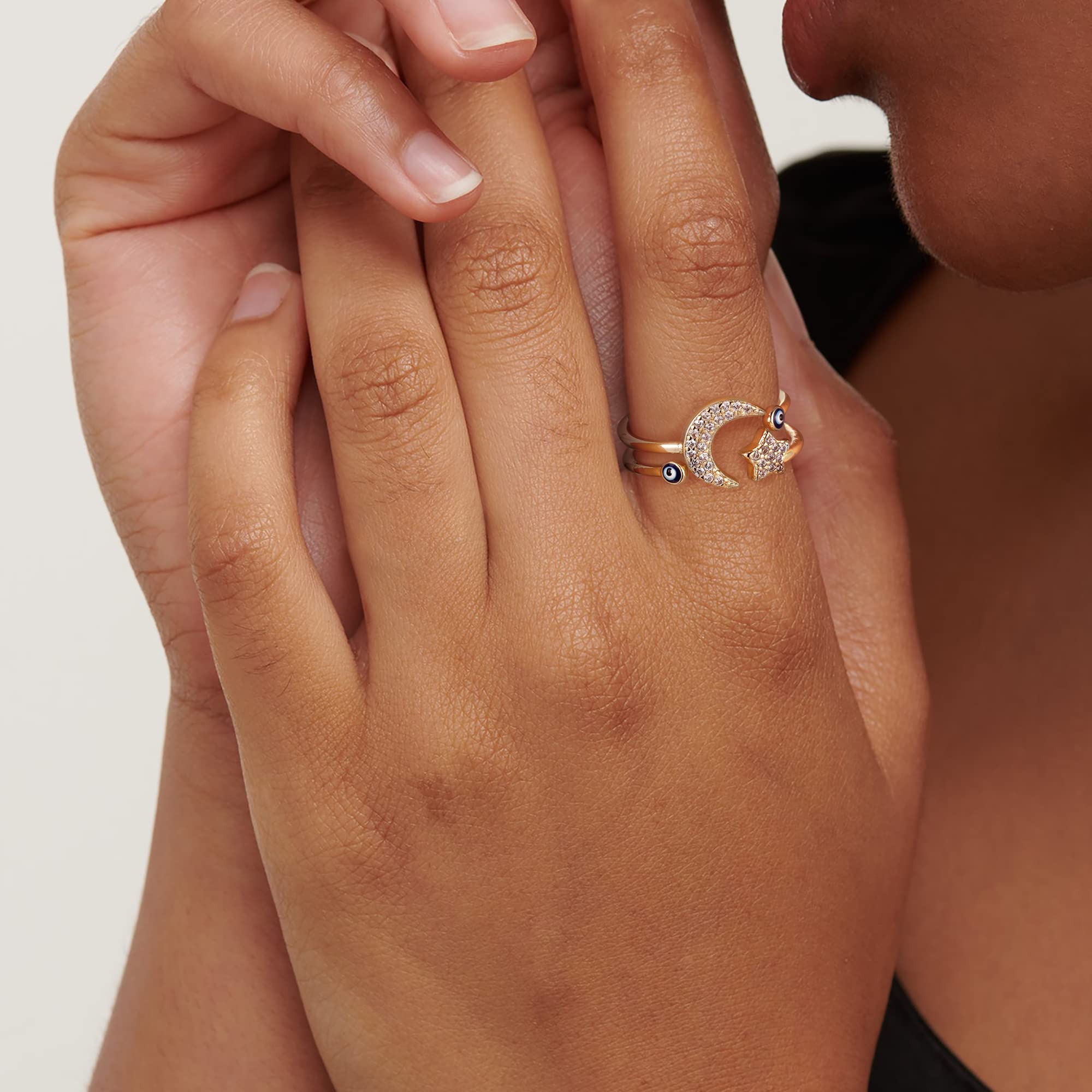 Youvelst Evil Eye Rings for Women 14K Gold Plated Adjustable Statement Rings Dainty Eyeball Rings Evil Eye Stackable Rings Minimalist Protection Jewelry (Gold Evil Eyes 2)