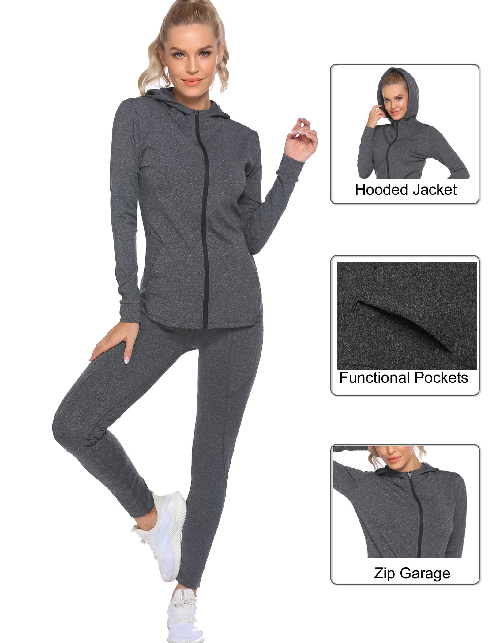 Women's Activewear Sets 2 Piece Workout Outfits Hooded Long Sleeve Athletic Set Plus Size Gym Sets for Women Grey XXL