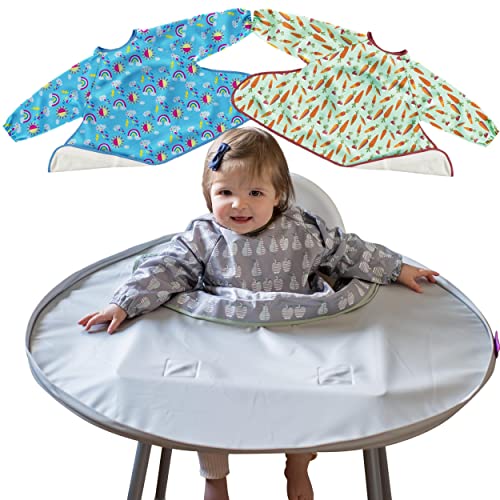 Tidy Tot- Bib & Tray Kit Baby Feeding Set - 3 Mess Proof Long Sleeve Smocks Attaches to Feeding Mat - Waterproof Bibs â Machine Washable. Fits Babies and Toddlers 6-24 months.