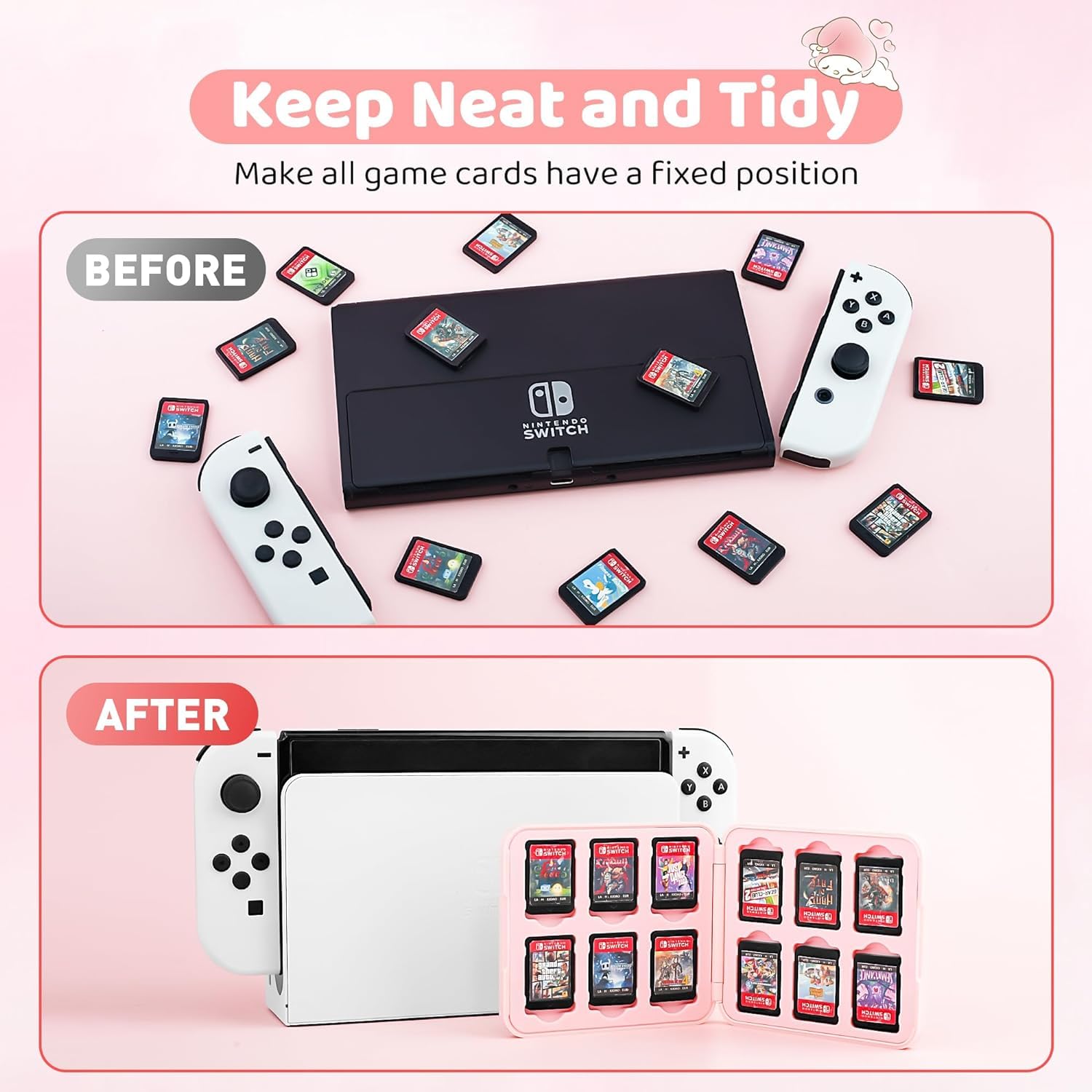 RHOTALL 12 Game Card Slots Case for Nintendo Switch and Switch OLED, Pink Anime Girl Cute Magnetic Game Storage Holder for Switch Games, 12 SD Card Cartridge Case with Soft Silicone Lining