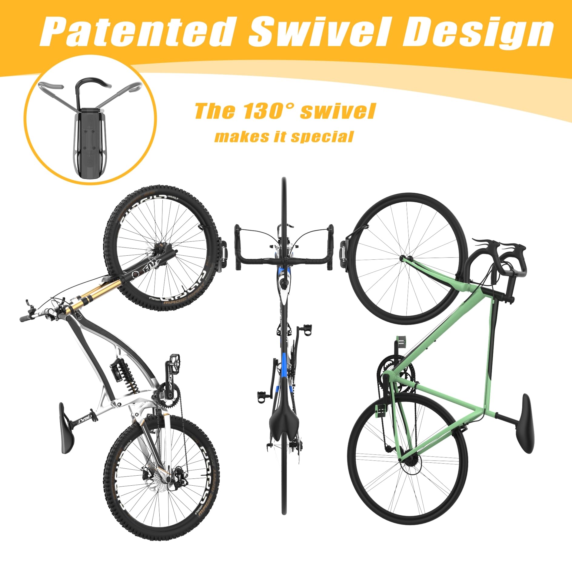 TORACK 2-Pack Swivel Bike Wall Hangers, Wall Mount Bike Hooks for Garage Vertical Space Saving Bike Wall Rack Garage Home Bike Storage