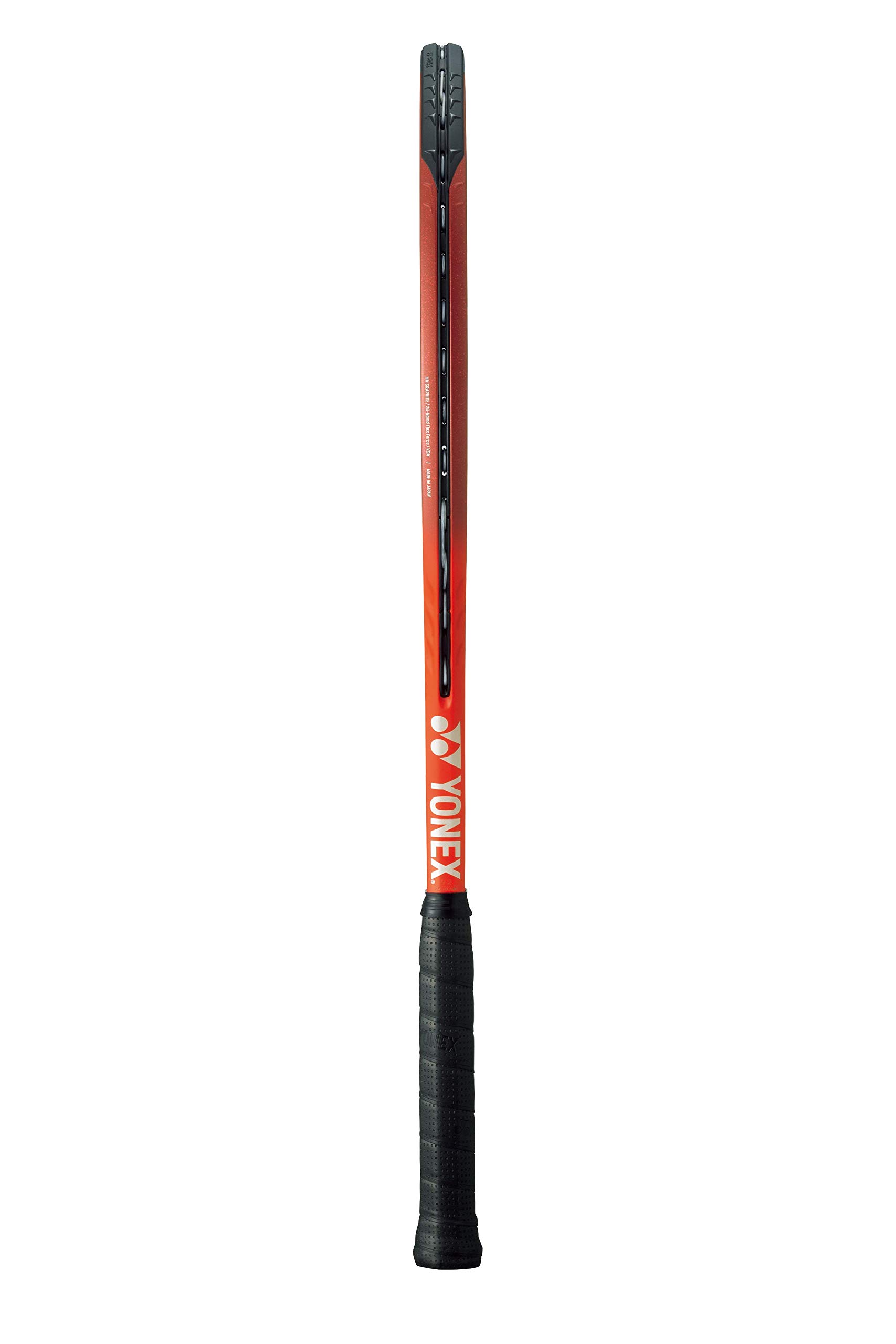 YONEX VCORE 100+ 6th Gen Tango Red Tennis Racquet (4 1/2" Grip) Strung with Black Synthetic Gut Racket String - 16x19 String Pattern