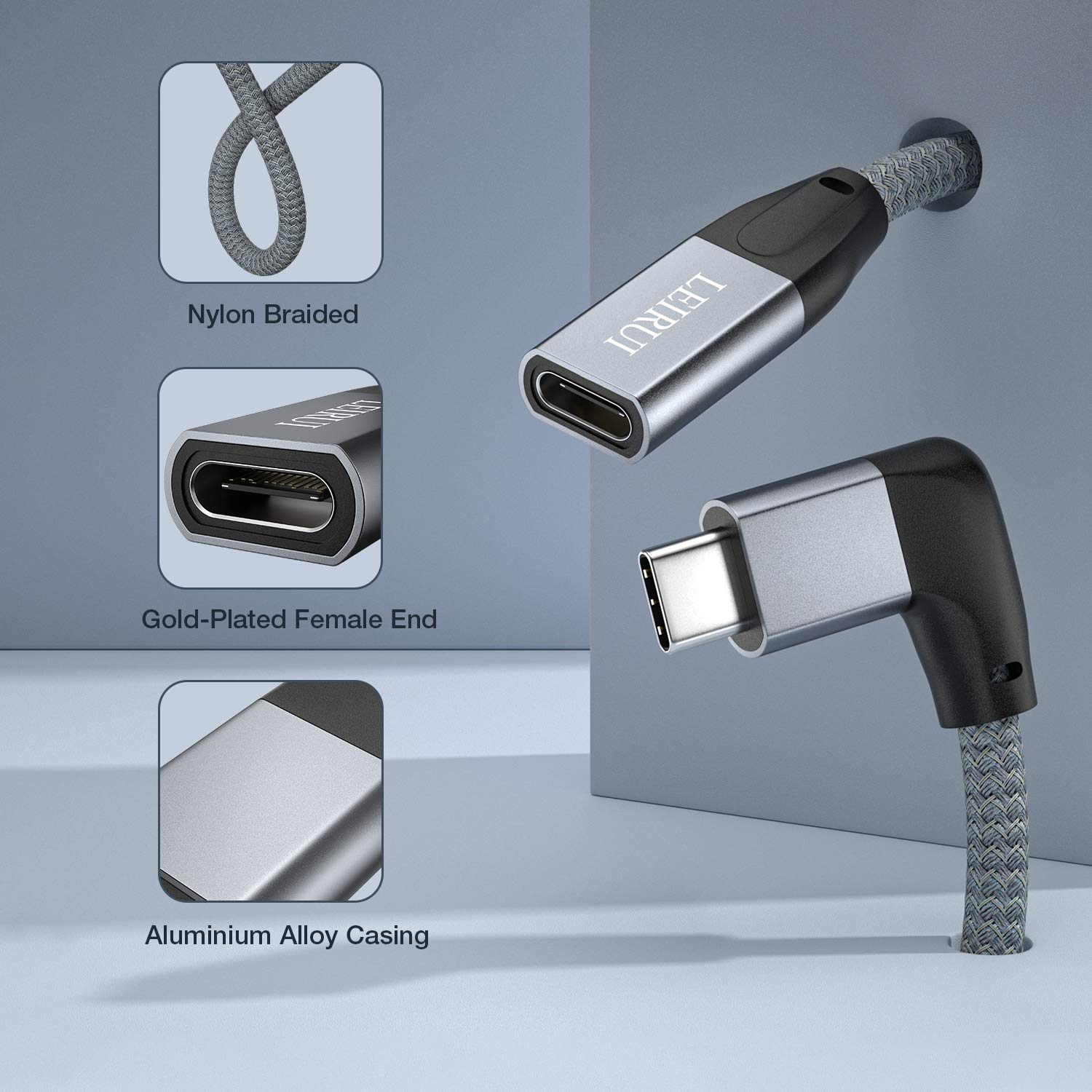 USB C Extension Cable Right Angle 1.65 Feet, 90 Degree USB 3 10Gbps Data Type C Extension Video Cable Fast Charging Cable Compatible for iPhone 15/15 Pro, Thunderbolt 3 MacBook Pro, Samsung S10 S9