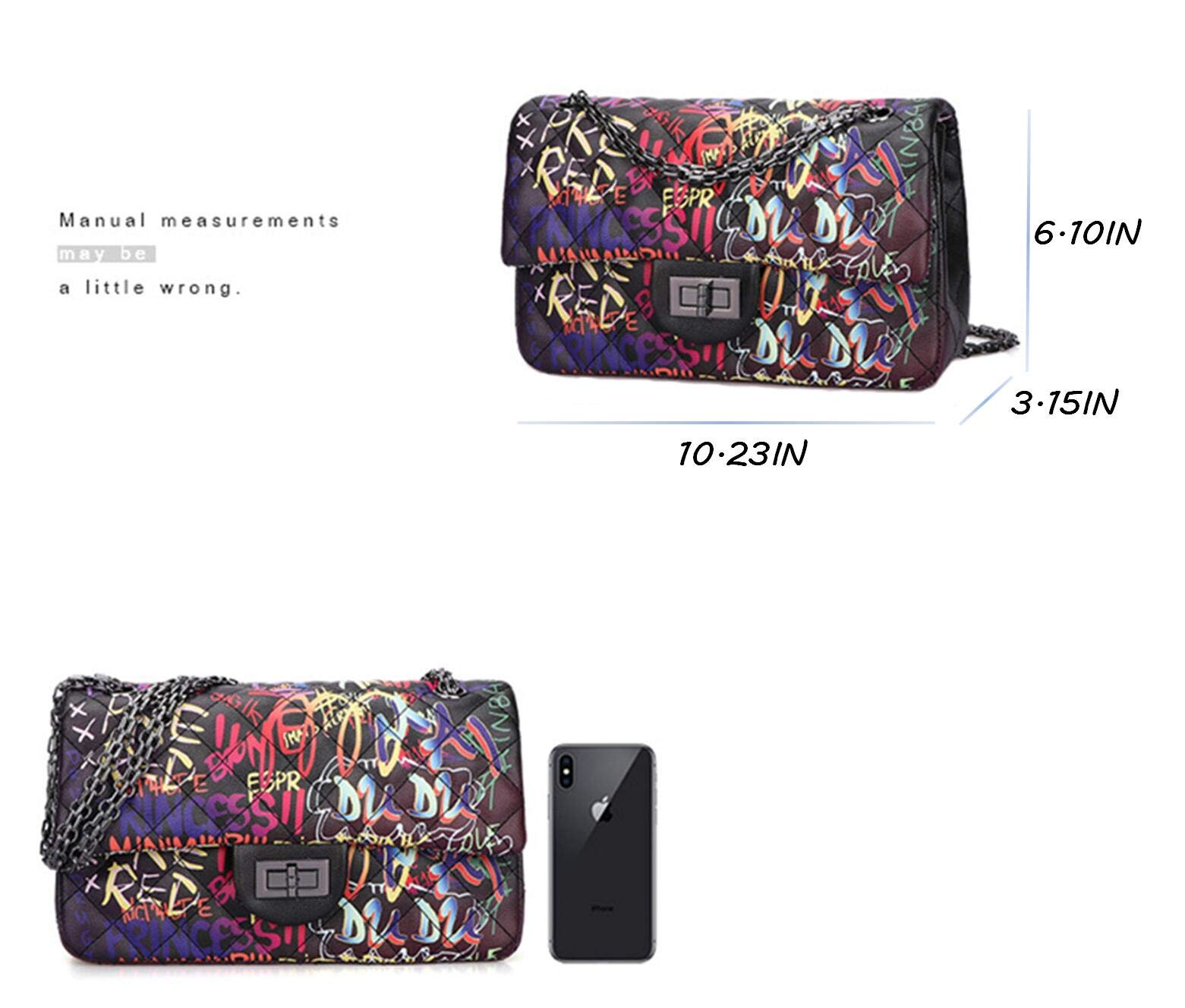 Wxnow Quilted Crossbody for Women PU Leather Shoulder Bags Purse with Chain Strap Handbags Black Graffiti