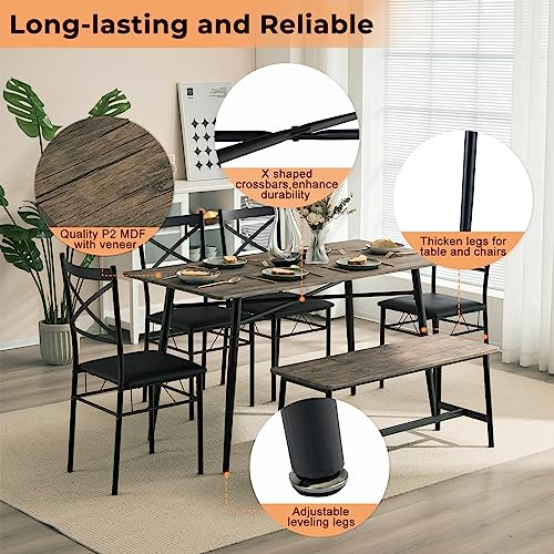 VINGLI 55in Modern Dining Table Set for 6, Rectangular Kitchen Dining Table, Bench, 6 Piece Wooden Dinner Table Set with Upholstered Chairs for Kitchen, Dining Room, Apartment - Rustic Brown