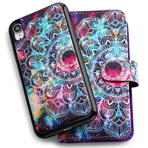 Vofolen Case for iPhone XR Case Wallet Leather PU Flip Cover Folio Detachable Magnetic Slim Shell Dual Layer Heavy Duty Protective Bumper Armor Wristband Card Holder for iPhone XR 10R Flower Mandala