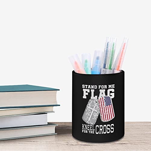 Stand for Me Kneel for Cross US Patriot Pen Holder PU Leather Pencil Cup Cute Desk Organizer Makeup Brush Box for Home Office