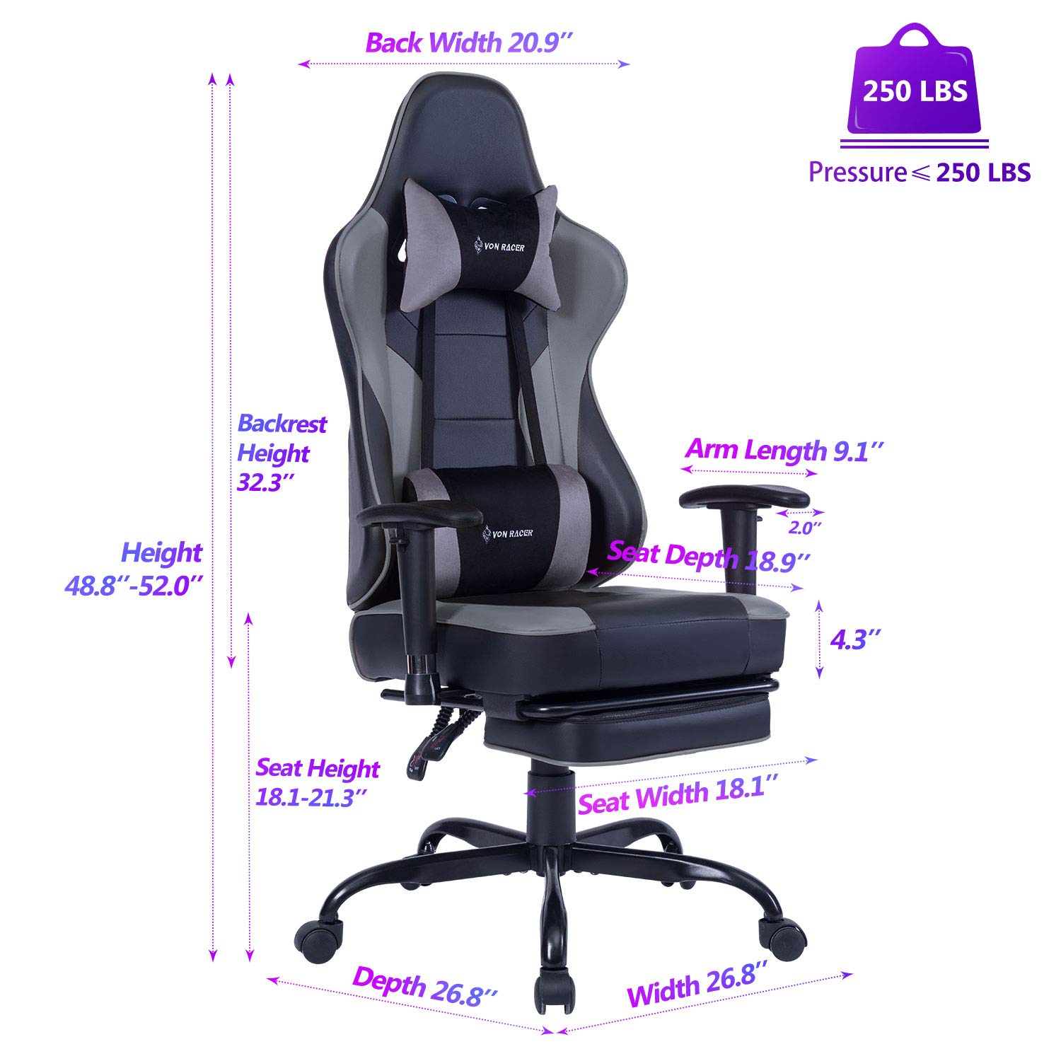 VON RACER Massage Gaming Chair - High Back Racing PC Computer Desk Office Chair Swivel Ergonomic Executive Leather Chair with Footrest and Adjustable Armrests, Gray/Black