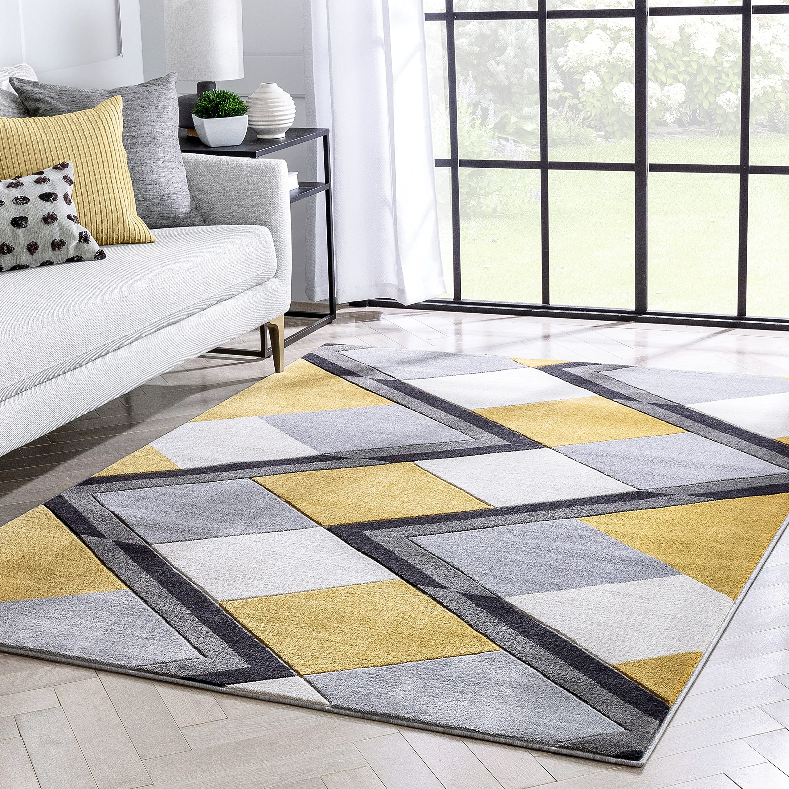 Well Woven Good Vibes Nora Gold Modern Geometric Stripes and Boxes 5'3" x 7'3" 3D Texture Area Rug