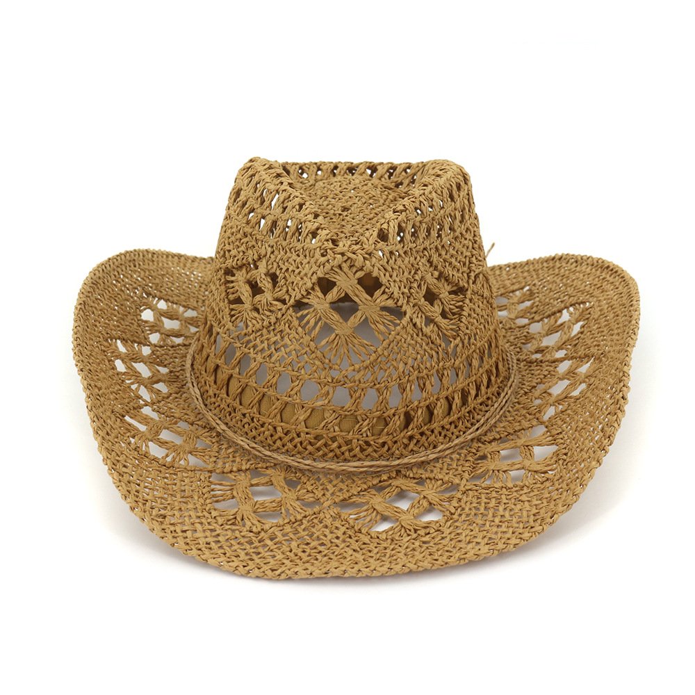 Womens Fashion Beach Straw Sun Hat UV Protection Wide Brim Western Cowboys Hand Straw Hats Khaki