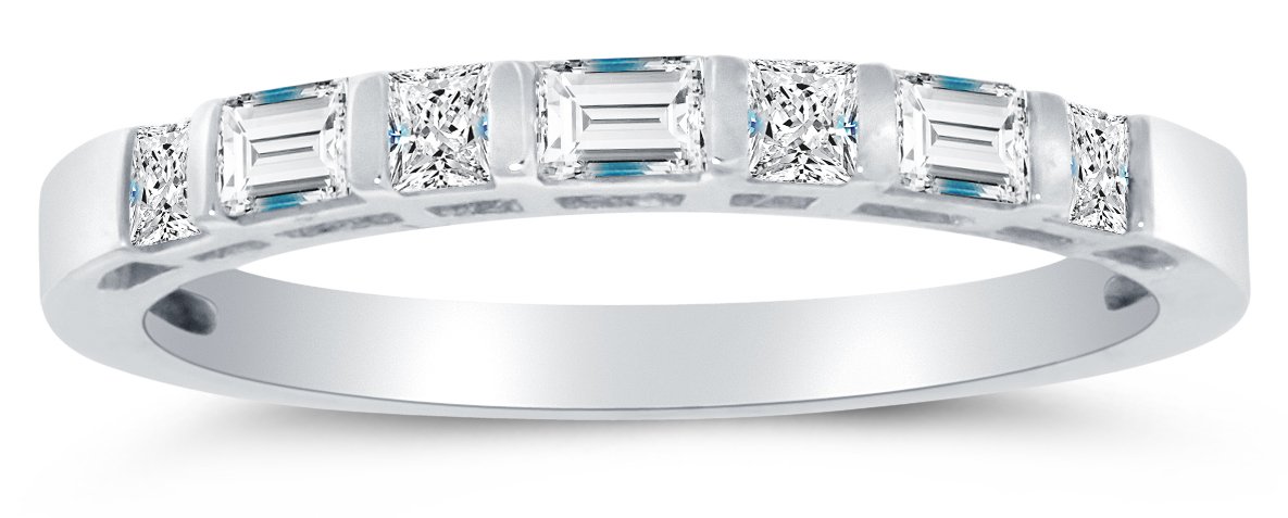 Size 4.5 - Solid 14K White Gold Princess Cut & Baguette CZ Cubic Zirconia Ladies Womens Wedding Band or Anniversary Ring 1/2 cttw.